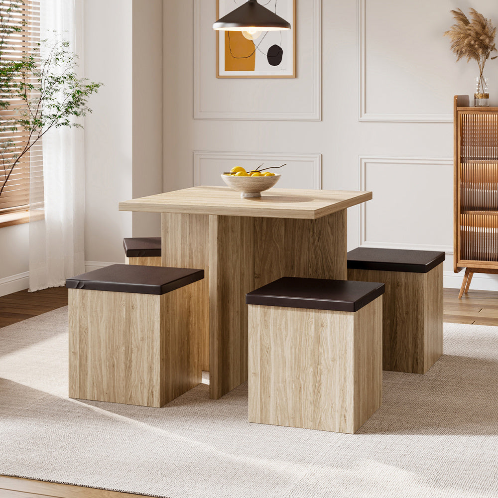 Wood Versatile Table and 4 Storage Stools Set,Natural And Brown ...