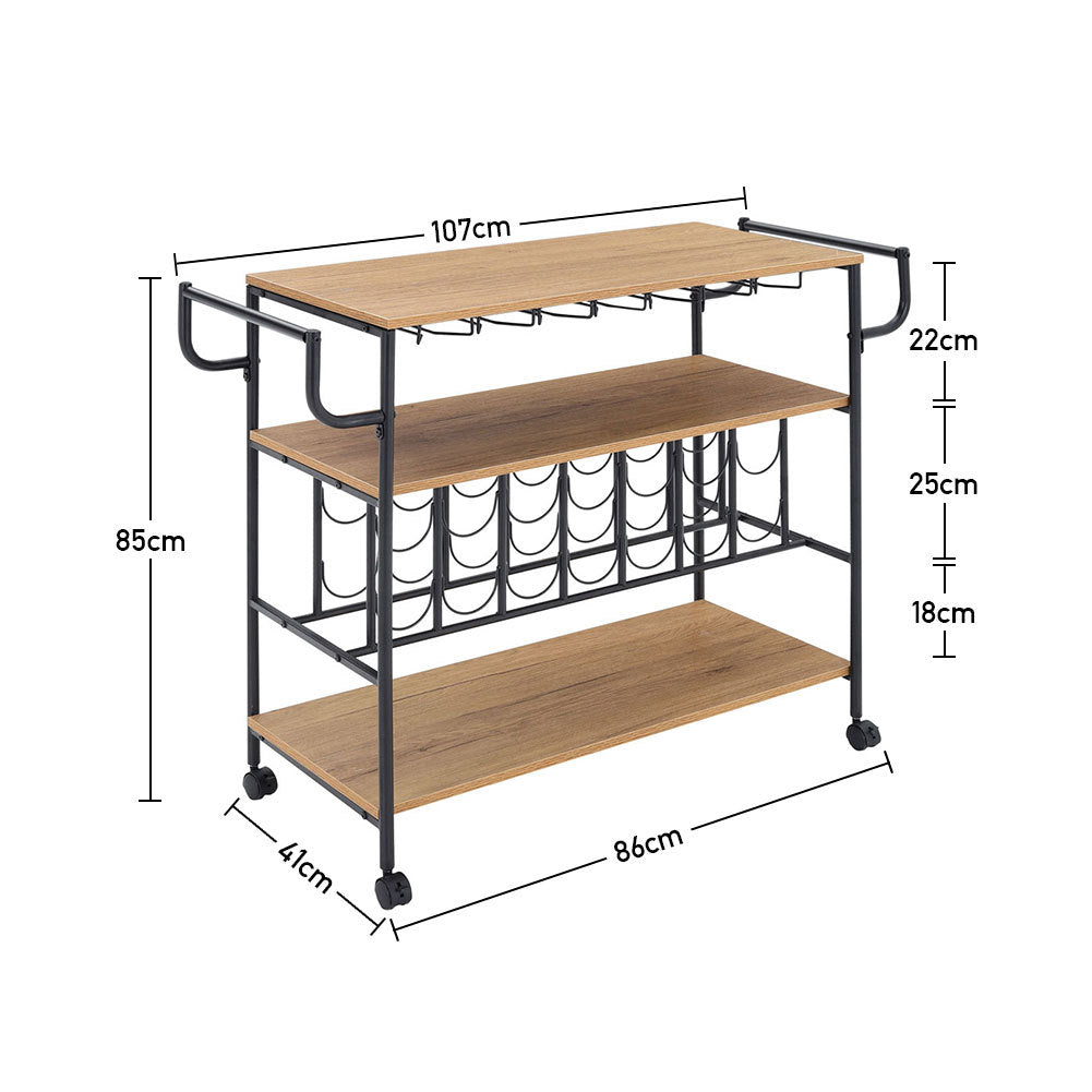 3 Tier Kitchen Drinks Trolley with Wine Bottle Storage Rack Wheeled ...