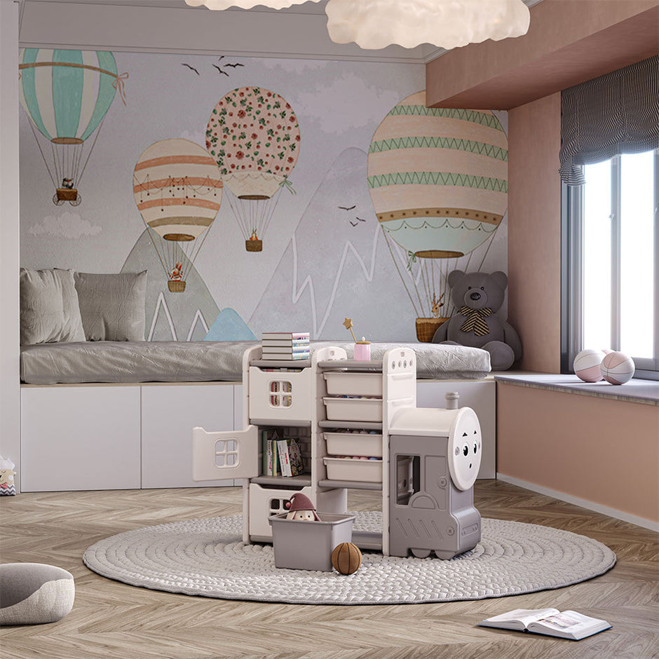 Gray Cute Toys Small Storage Rack for Kids Floor Standing Bus ...