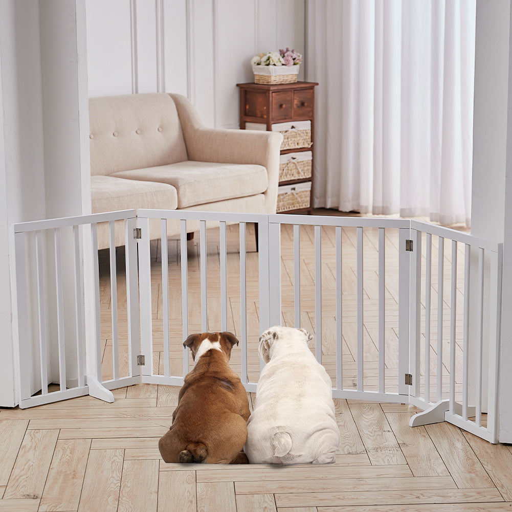 Foldable Wood Pet Free Standing Indoor Gate White 4 Panels – Bathroom Deco