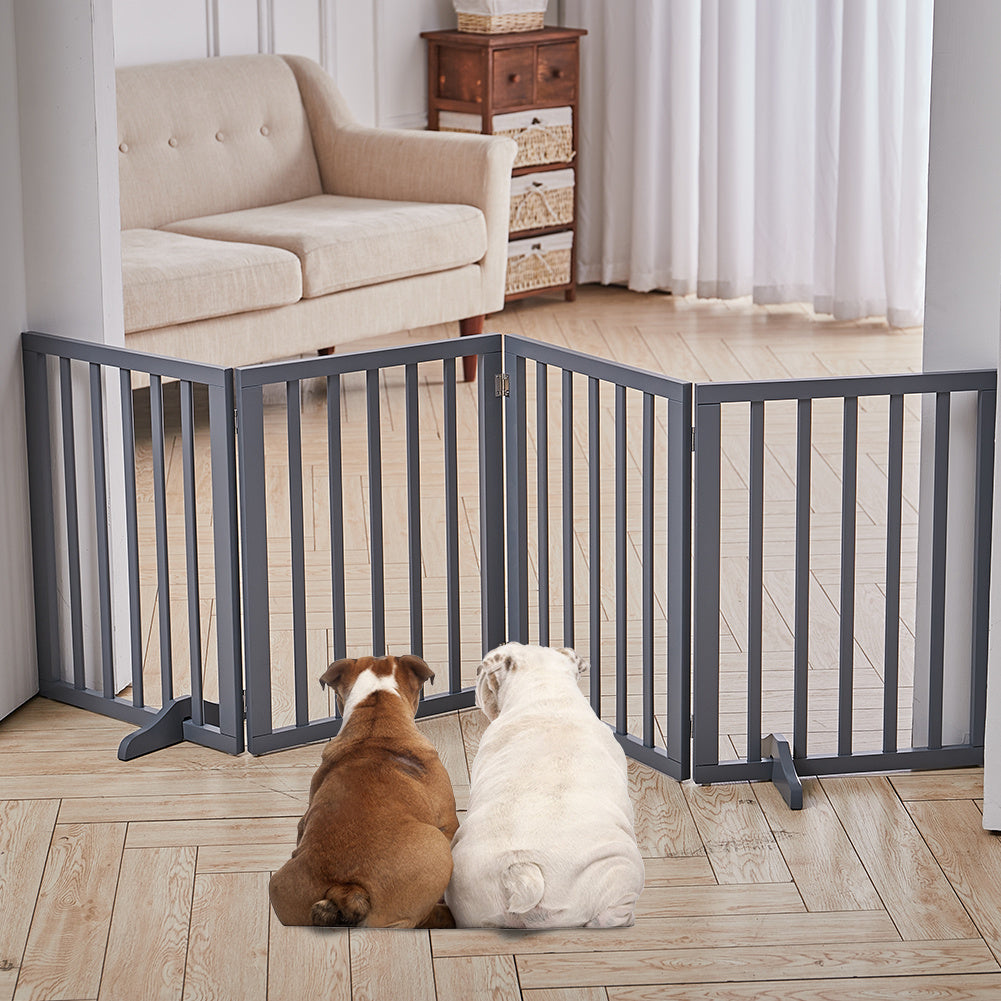 Foldable Wood Pet Free Standing Indoor Gate Grey 4 Panels – Bathroom Deco