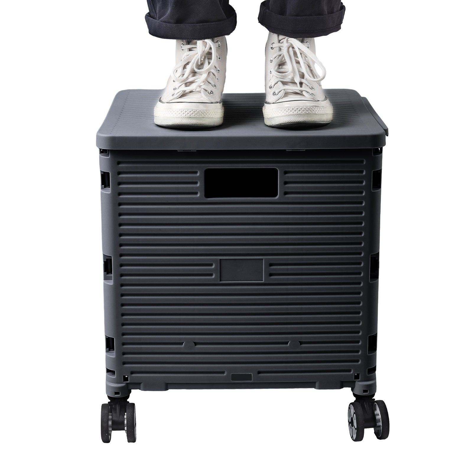 Black 55L Collapsible Rolling Utility Crate with Magnetic Lid and Adju ...