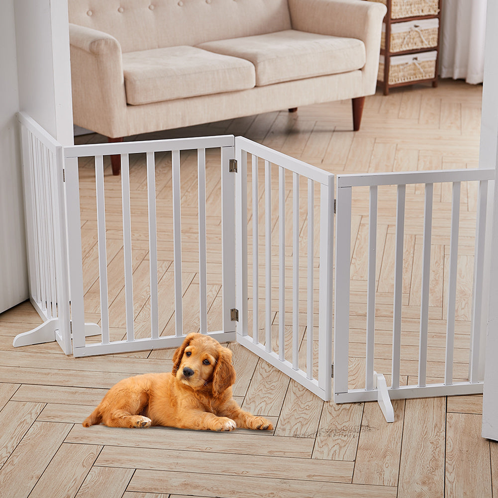 Foldable Wood Pet Free Standing Indoor Gate White 4 Panels – Bathroom Deco